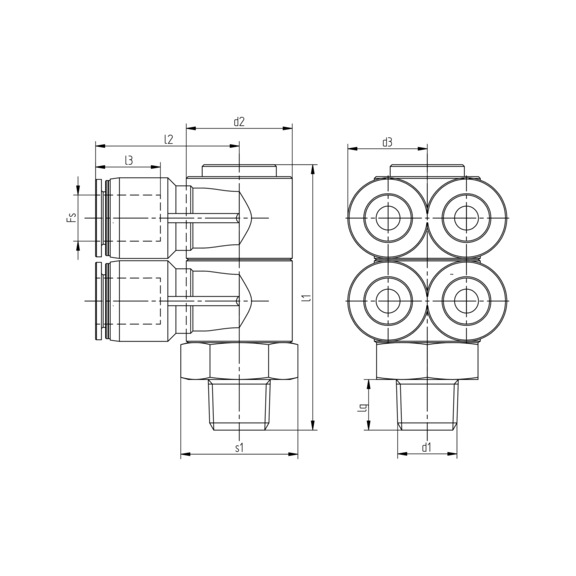 Buy L-shaped distributor 4-way with hexagon R thread online